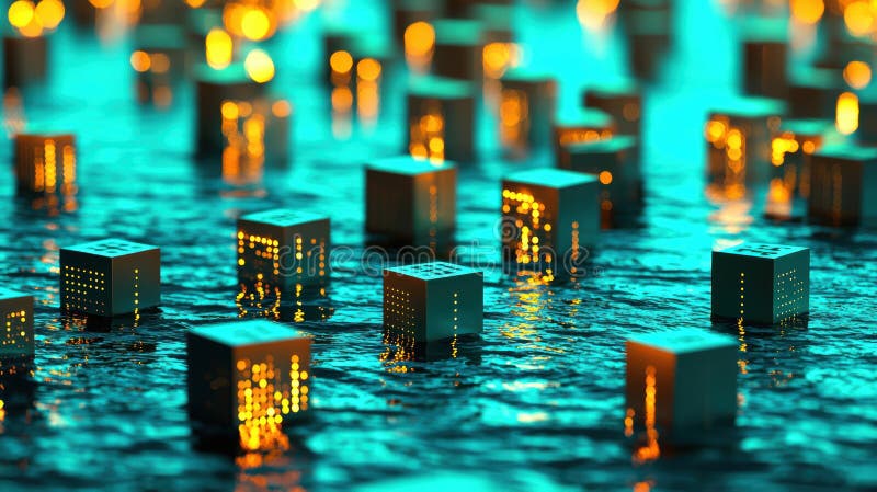 Urban Landscape with Illuminated Cubes in a Reflective Water Surface ...