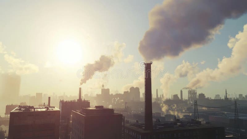 Urban Landscape with Industrial Smoke Stacks at Sunrise Stock ...