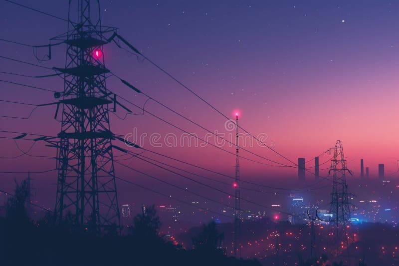 Urban Landscape at Night with Power Lines in Focus Stock Photo - Image ...