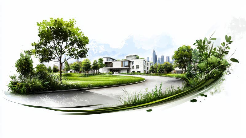 Urban Landscape Sketch Featuring Greenery, Modern Architecture, and ...