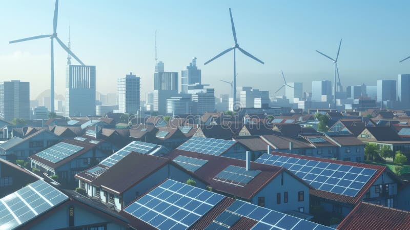 Urban Landscape with Solar Panels and Wind Turbines Highlighting ...