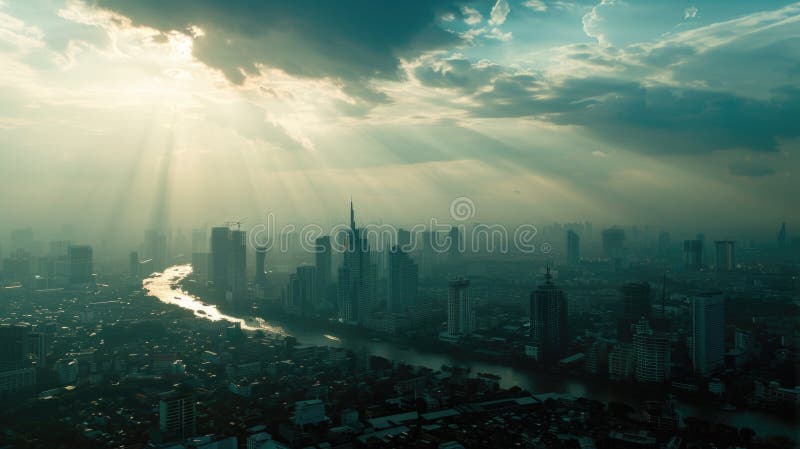 Urban Landscape with Sunlight Breaking through Clouds. Suitable for ...