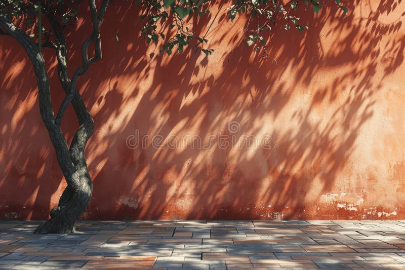 Urban Landscape with Tree Shadows on Terracotta Wall and Stone Floor in ...