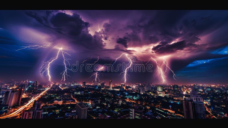 Urban Landscape Under a Dramatic and Vibrant Purple Lightning Storm ...