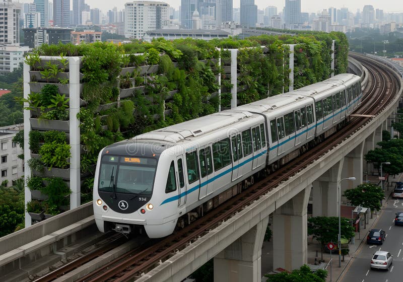 Urban Light Rail Train with Green Vertical Gardens Stock Illustration ...