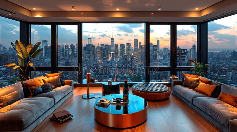 Urban Living Room Interior Design with a Cityscape View Stock ...