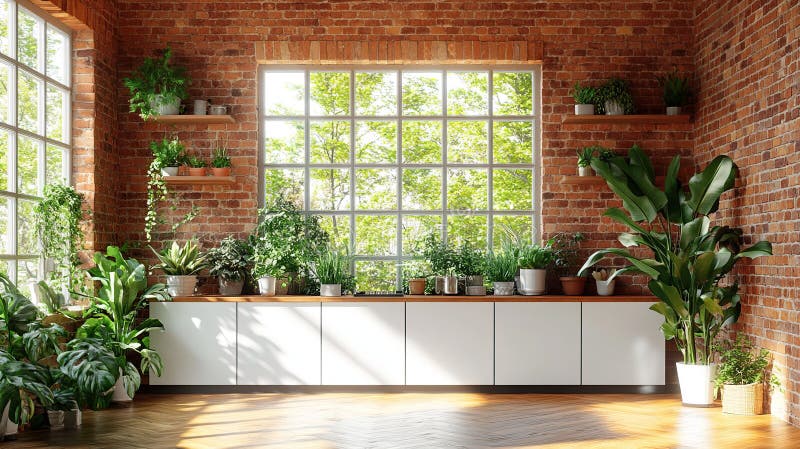 Urban Loft Room with Plants, Sunny Window, Brick Walls Stock ...