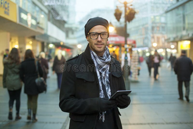 Urban Man Holdin Tablet Computer on Street Stock Photo - Image of ...