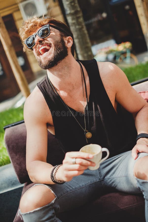 Urban Man Laughing while Drinking Coffee Stock Photo - Image of outdoor ...
