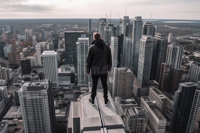 Urban Man on Top of a High-rise Building among the Metropolis ...
