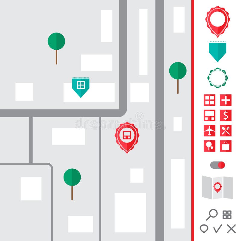 Urban Map with Pointer Icons Set Stock Vector - Illustration of road ...