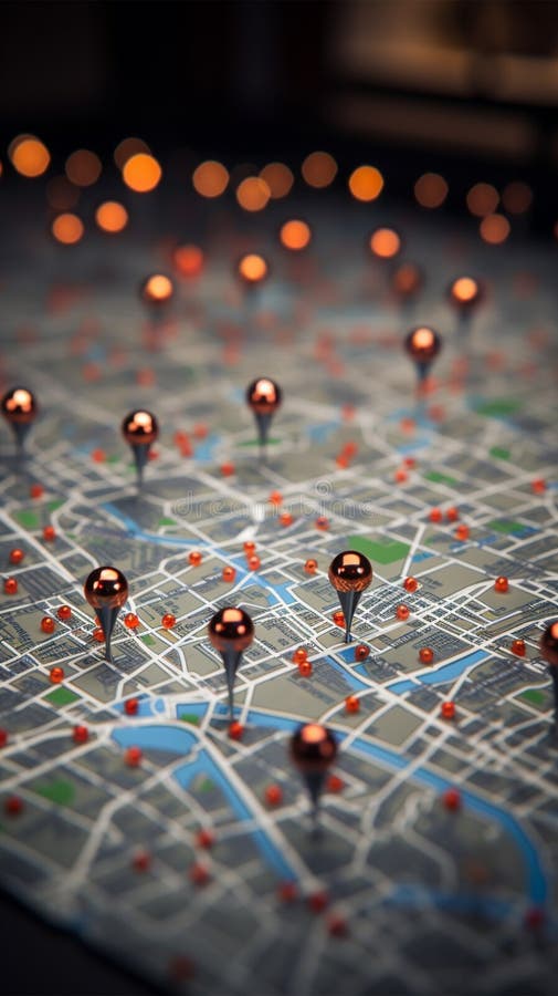Urban Navigation Red Pins on City Map, Guiding Exploratory Routes Stock ...
