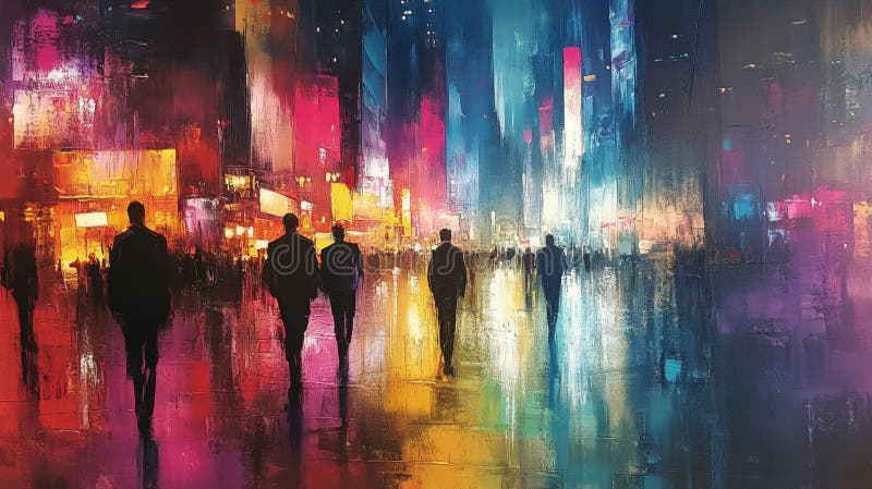 Urban Night Cityscape Figures Walking through Vibrant Lights Stock ...