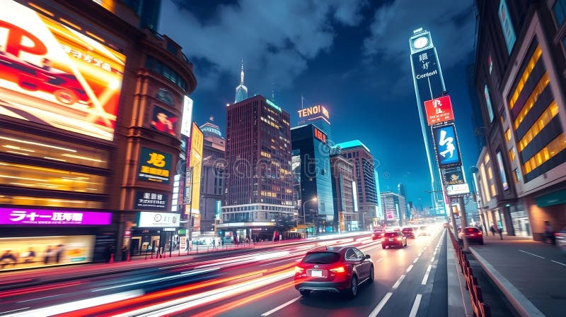 Urban Night Scene with Blurred Car Lights Stock Illustration ...