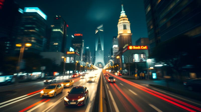 Urban Night Scene with Blurred Car Lights Stock Illustration ...