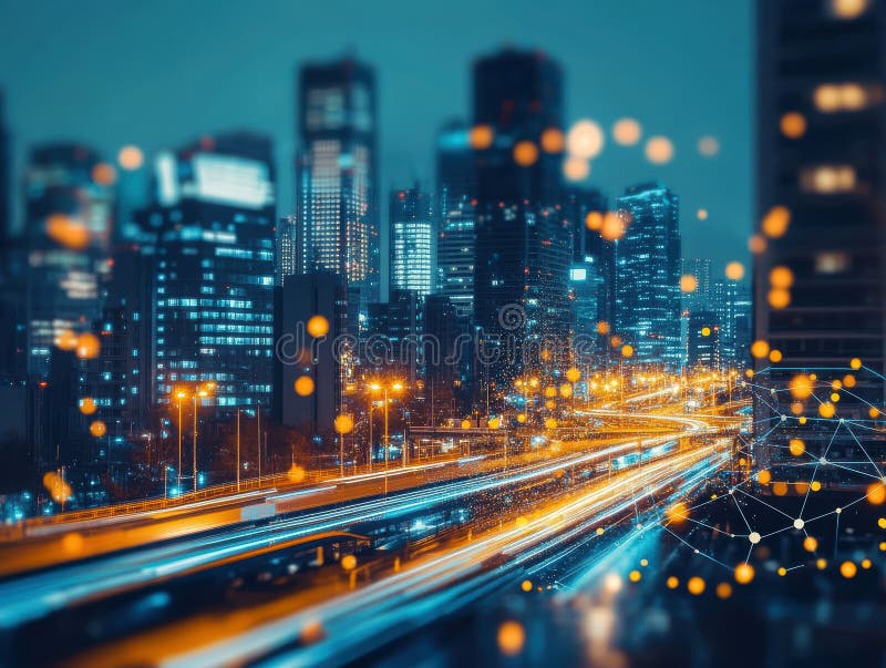 An Urban Night Scene with a Digital Overlay Symbolizing Connectivity ...