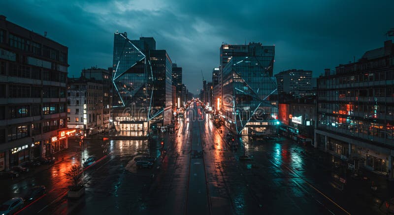 Urban Nightscape: Modern Architecture and Reflections in Rainy City ...