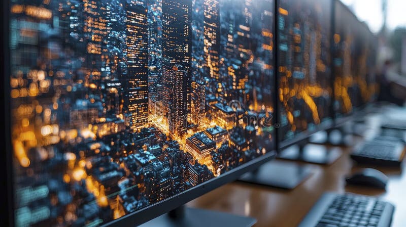 Urban Nightscape on Multiple Monitors Display Stock Illustration ...