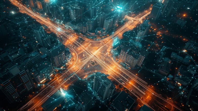 Urban Nighttime Aerial Intersection Stock Photo - Image of traffic ...