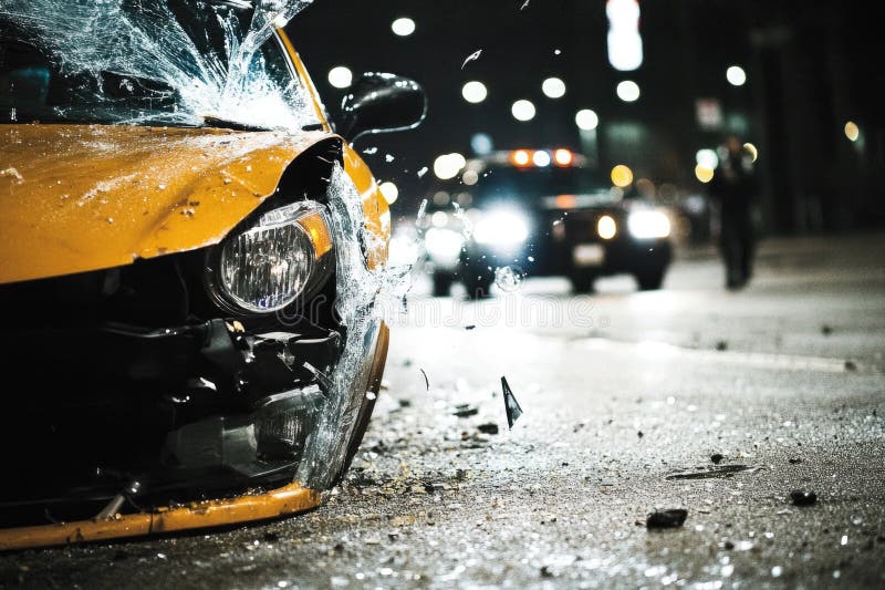 Urban Nighttime Car Crash Scene with Blurred Emergency Lights Stock ...