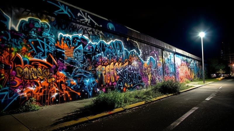 Urban Nighttime Landscape Bursting with Vivid Graffiti Artwork Stock ...