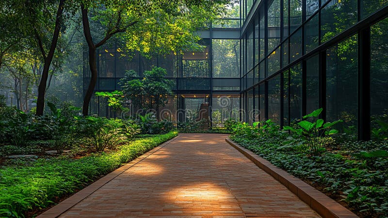 Urban Oasis Lush Greenery and Sunlight Path through Modern Architecture ...