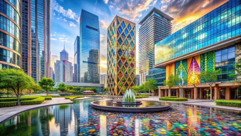 Urban Oasis Modern Architecture Reflecting in a Vibrant Water Feature ...
