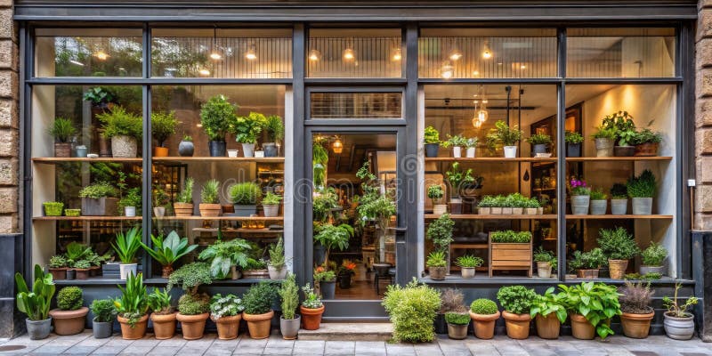 Urban Oasis a Window Display of Greenery, Terracotta and Light Stock ...