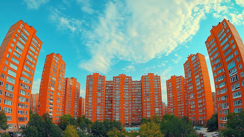 Urban Orange Apartment Buildings Under a Vibrant Sky Stock Illustration ...