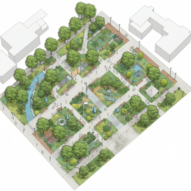 Urban Park Concept with Diverse Elements. Features Include Pathways ...