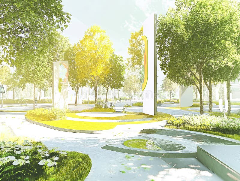 An Urban Park Featuring a Paved Path, Lush Greenery, and a Prominent ...