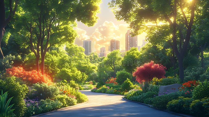 Urban Park Path Sunrise, Cityscape Backdrop, Nature Serenity Stock ...