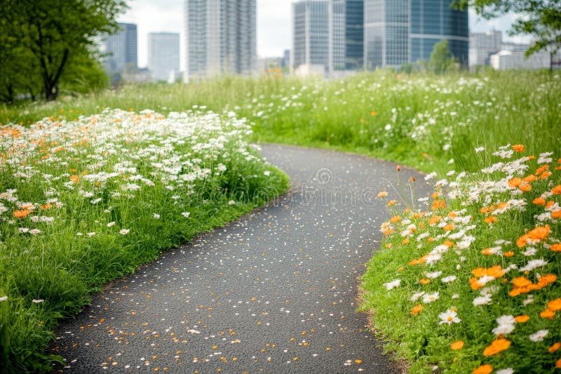 Urban Park Pathway with Blossoming Flowers and City Skyline in Spring ...