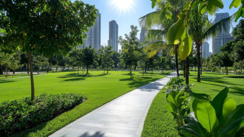Urban Park with Pathway in Lush Green Landscape Under Blue Sky and ...