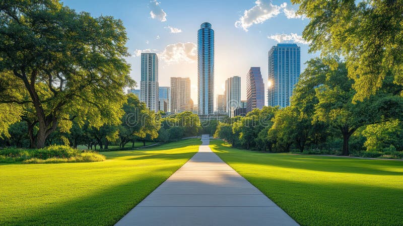 Urban Park Pathway, Sunrise Skyline View Stock Illustration ...