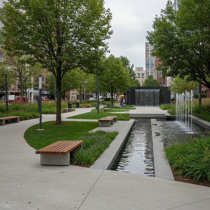 Urban Park Setting Featuring a Central Pathway Leading through ...