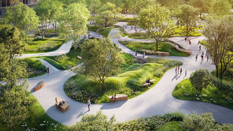 Urban Park with Trees, Winding Paths, Benches.. Stock Photo - Image of ...