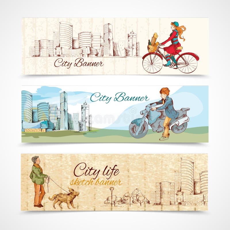 Urban People Horizontal Banners Sketch Colored Stock Vector ...