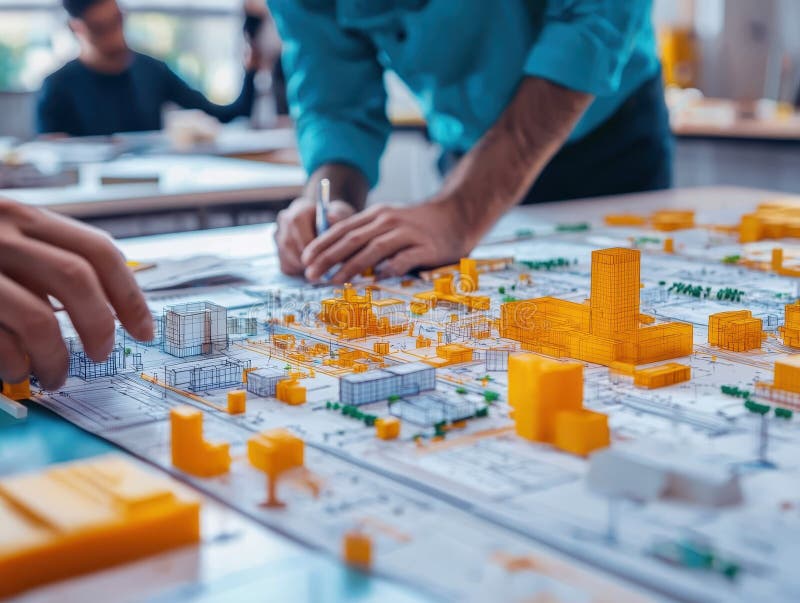 Urban Planning Session with Architectural Models Displayed on Table ...