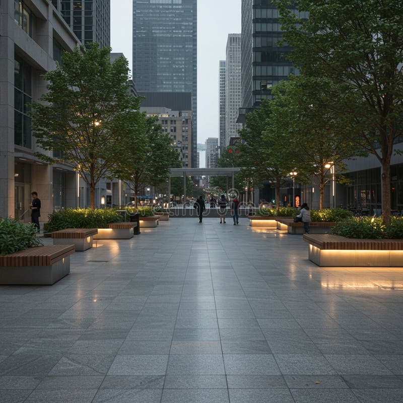 Urban Plaza Featuring a Pathway with Large Trees and Rectangular ...