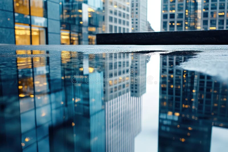 Urban Reflection in a Puddle, Showcasing Modern Architecture and City ...