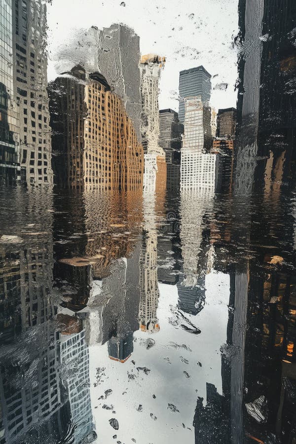 Urban Reflection of Skyscrapers in a Puddle Creating a Surreal ...