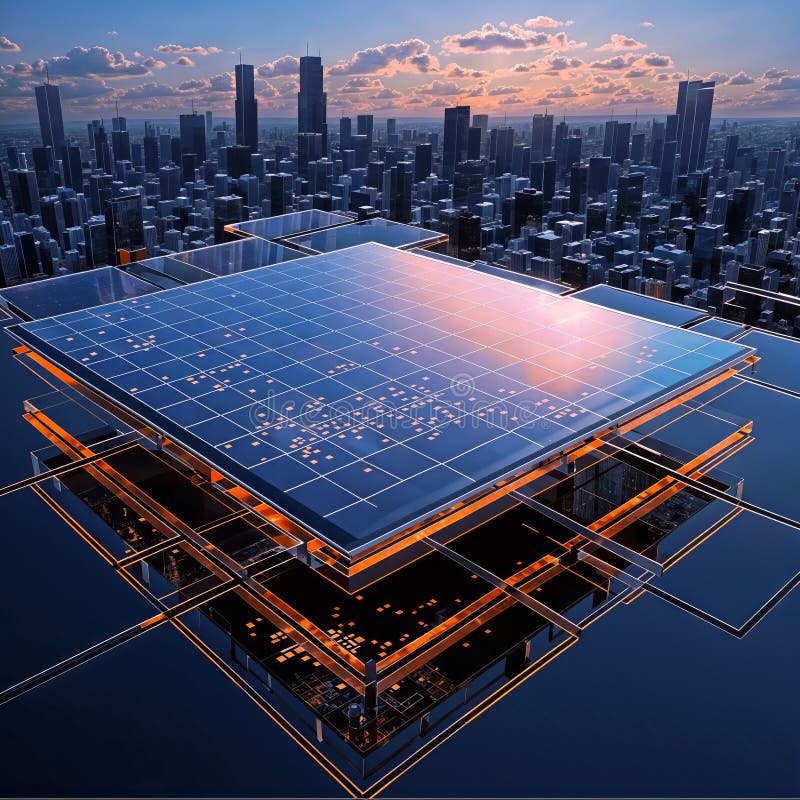 Solar Panels in Modern City with Reflection on Water Surface. 3d ...