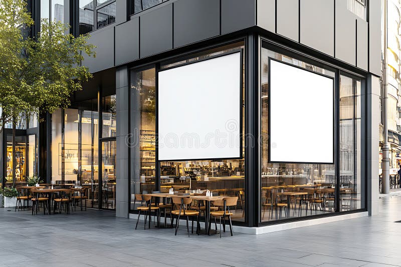 Urban Restaurant Window Poster Mockup, White Empty Paper Poster Adhered ...