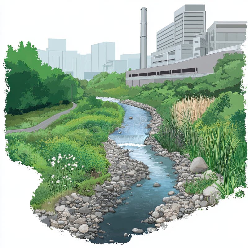 Urban River Ecosystem Illustration Stock Illustration - Illustration of ...