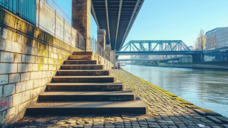 Urban River Steps and Bridges. AI Generated Stock Illustration ...