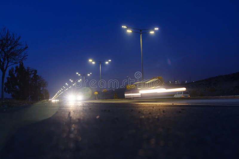 Night Road with Street Lights Stock Image - Image of dusk, electric ...