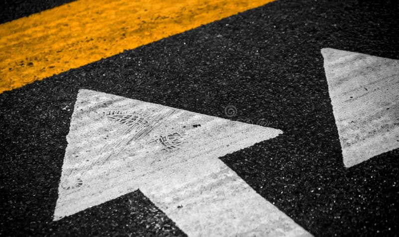 Urban Road Marking. White Arrows and Yellow Line Stock Photo - Image of ...