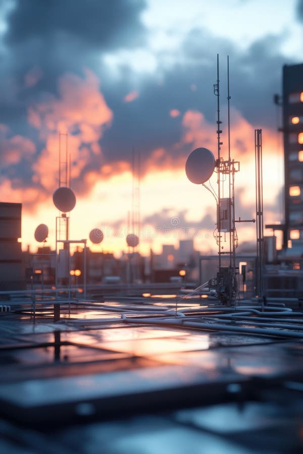 Urban Rooftop with Antennas at Sunset: Modern Cityscape and ...