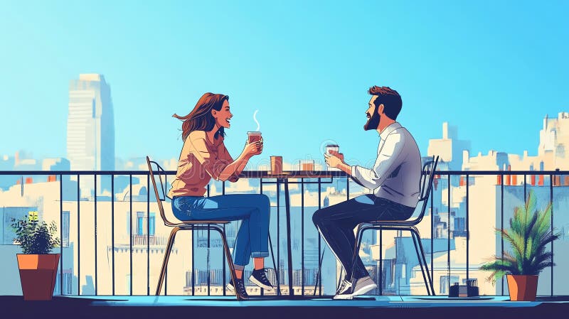 Urban Rooftop Date Rendezvous Illustration Stock Image - Image of ...